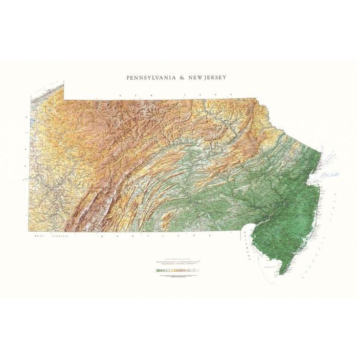 Pennsylvania and New Jersey Raven Maps Physical Wall Map PAPER | Stanfords