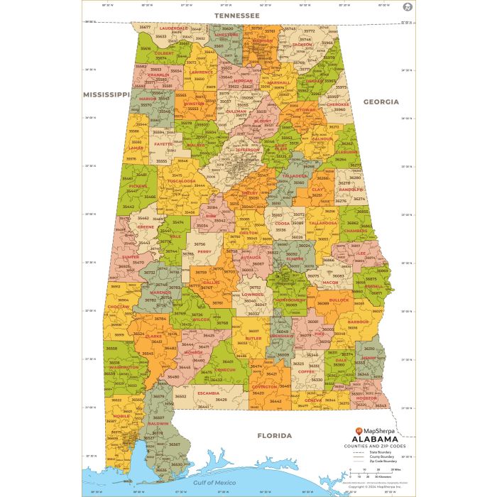 Alabama ZIP Code Map with Counties - Large | Stanfords