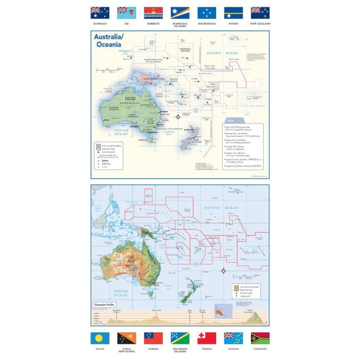 Australia and Oceania Political & Physical Continent Map with Country Flags | Stanfords