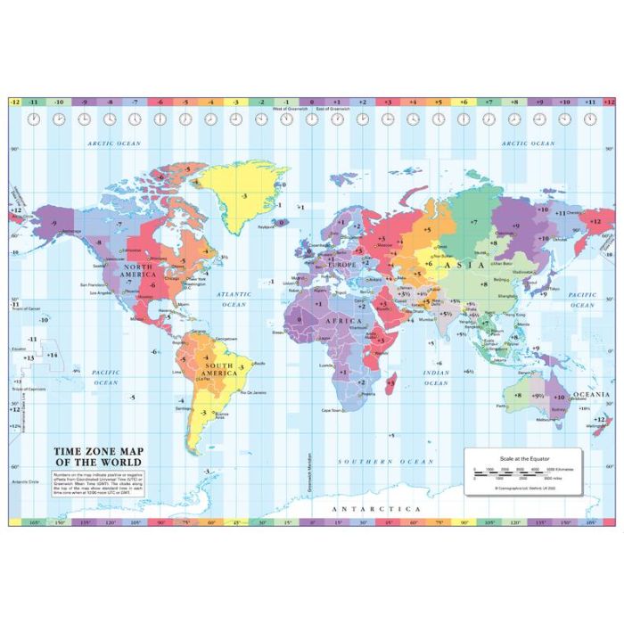 Colour Blind Friendly Time Zone Wall Map of the World - A3 | Stanfords