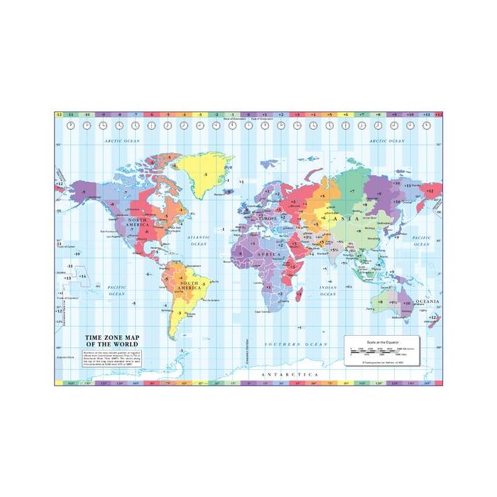 Colour Blind Friendly Time Zone Wall Map of the World - A4 | Stanfords