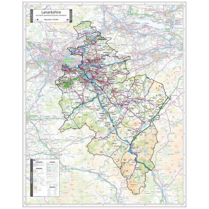 County Map of Lanarkshire & Glasgow | Stanfords
