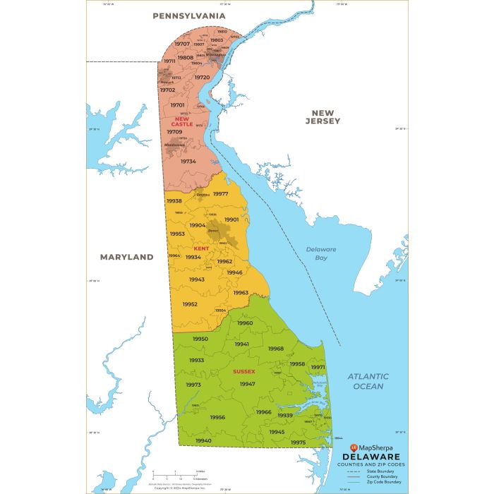 Delaware ZIP Code Map with Counties - Extra Large | Stanfords