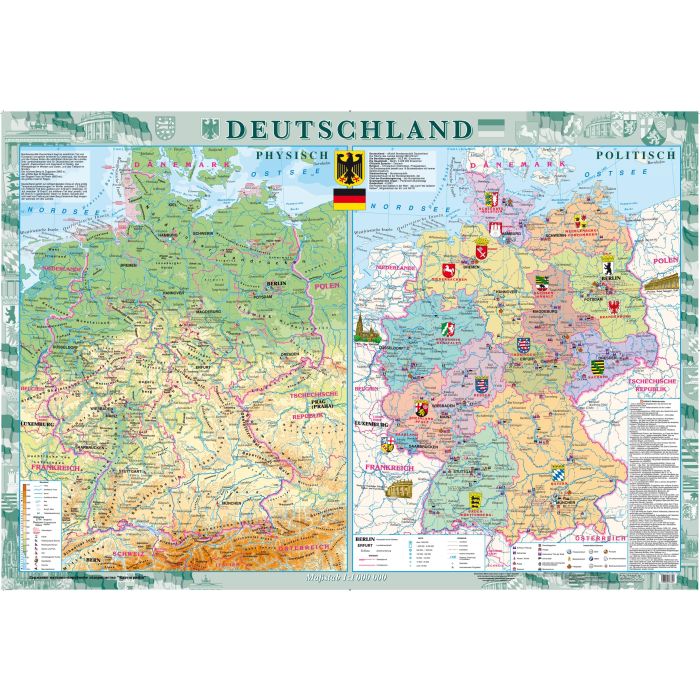Germany (Deutschland) Wall Map - Physical and Political - German ...