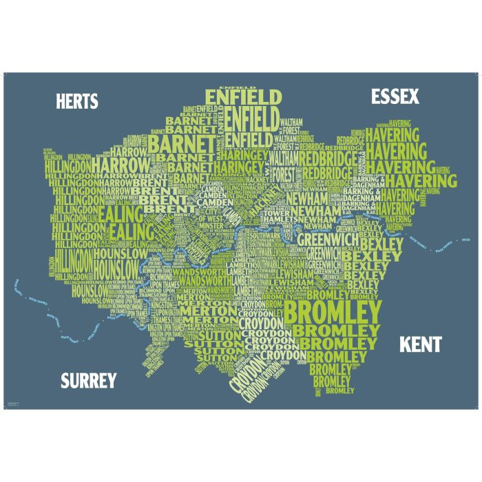 Graphic Map London - boroughs, green background | Stanfords