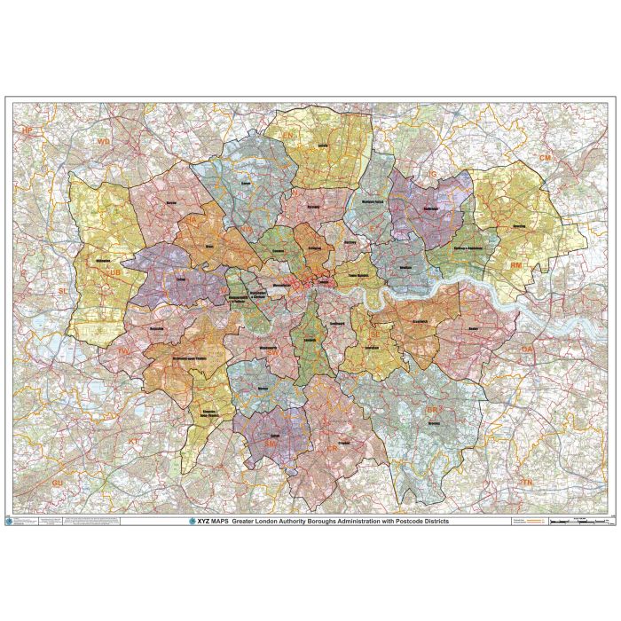 Greater London Authority Boroughs with Postcode Districts Wall Map ...