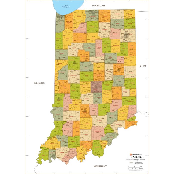 Indiana ZIP Code Map with Counties - Extra Large | Stanfords