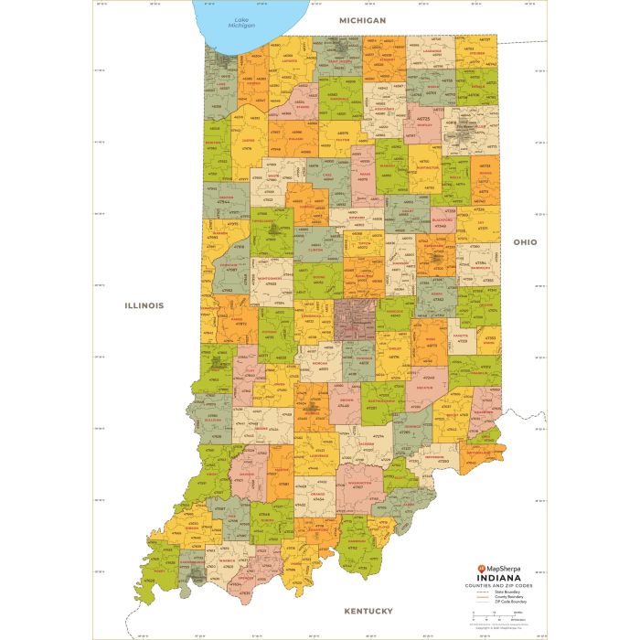Indiana ZIP Code Map with Counties - Standard | Stanfords