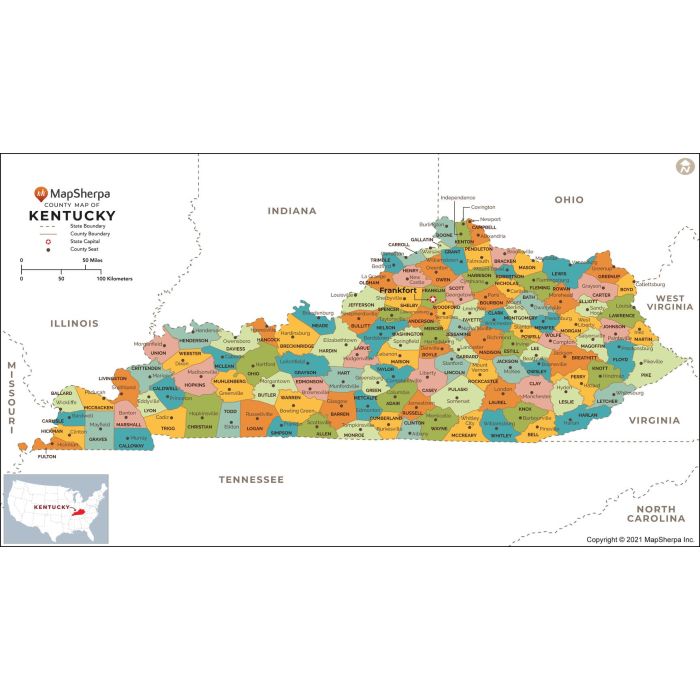 Kentucky Counties Map - Standard | Stanfords