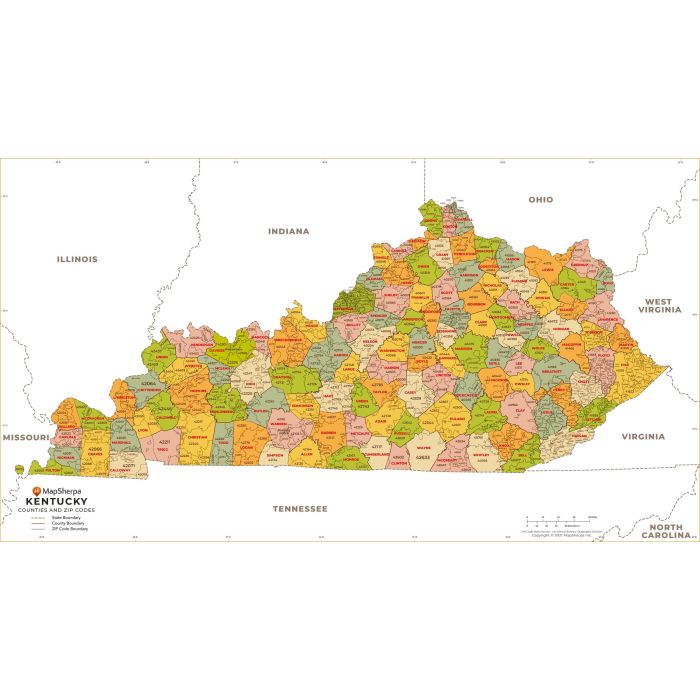 Kentucky ZIP Code Map with Counties - Large | Stanfords