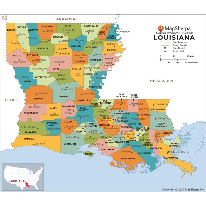 Louisiana Parishes (Counties) Map - Extra Large | Stanfords