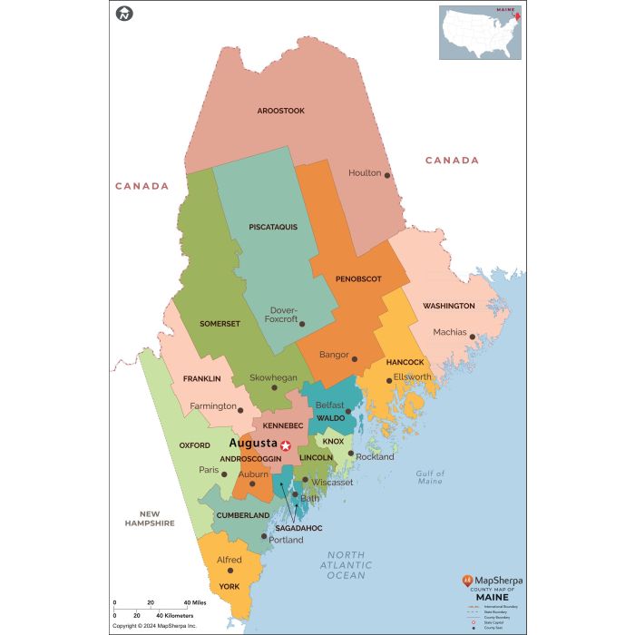 Maine Counties Map - Standard | Stanfords
