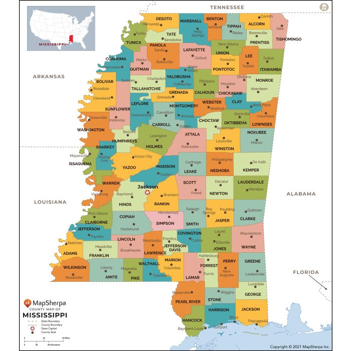 Mississippi Counties Map - Extra Large | Stanfords