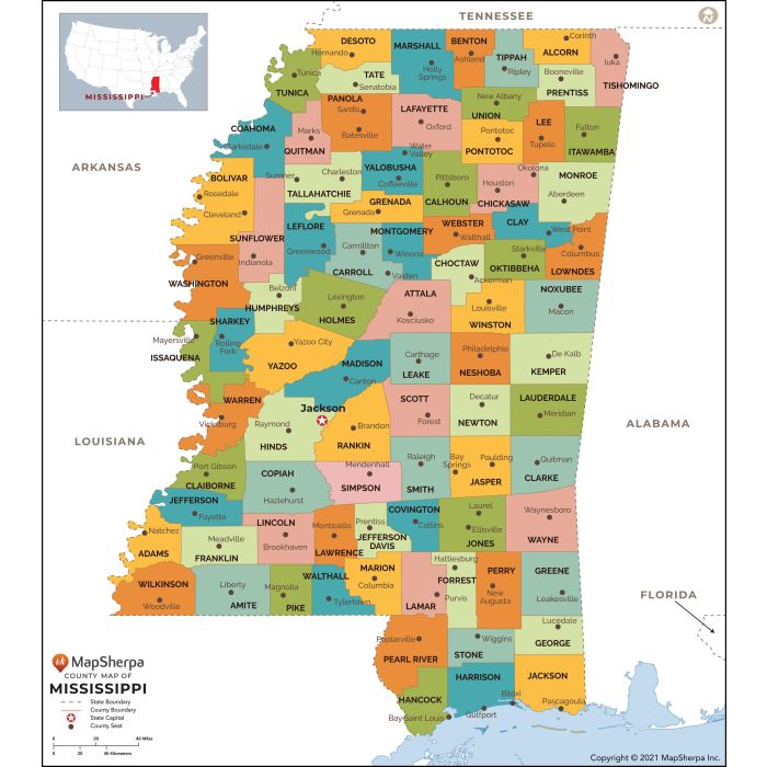 Mississippi Counties Map - Large | Stanfords