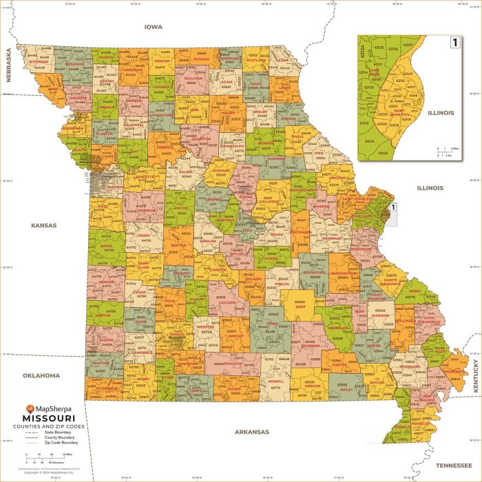 Missouri ZIP Code Map with Counties - Large | Stanfords