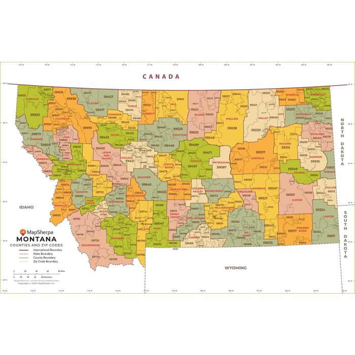 Montana ZIP Code Map with Counties - Extra Large | Stanfords