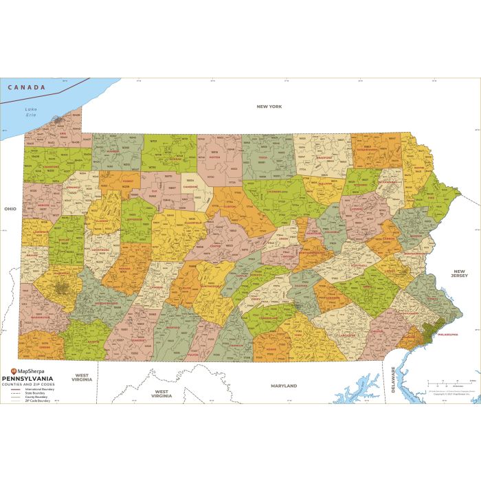 Pennsylvania ZIP Code Map with Counties - Extra Large Map | Stanfords
