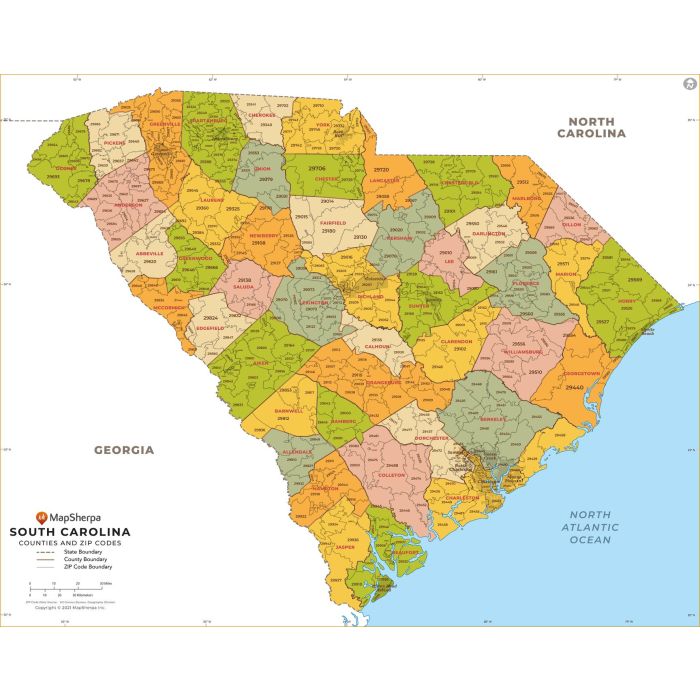 South Carolina ZIP Code Map with Counties - Standard Map | Stanfords