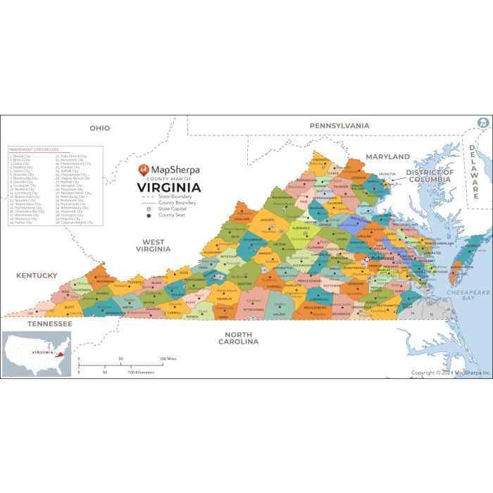 Virginia Counties Map - Standard | Stanfords