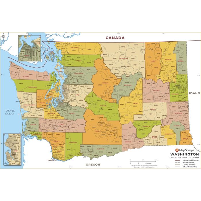 Washington ZIP Code Map with Counties - Standard Map | Stanfords
