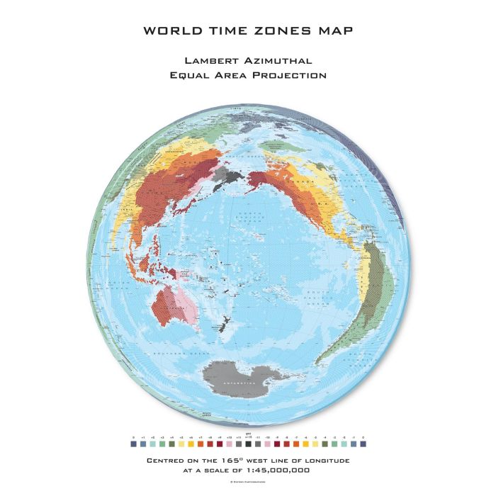 World Time Zones Hexagons centred on 165° West Map | Stanfords