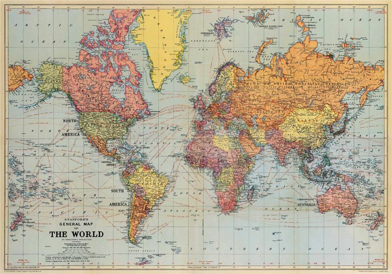 World Map 1907 With Flags Wrap Stanfords Stanford's General Map Of